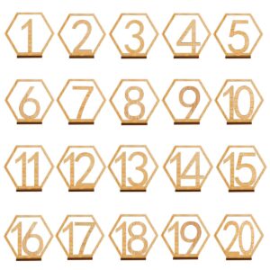 bravone wooden table numbers, hexagon shape 1-20 wedding table numbers with holder base rustic hollow out wood table numbers card for wedding party event catering decoration (hexagon)