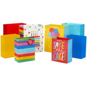 hallmark assorted birthday gift bags (8 bags: 4 medium 9", 4 large 13") birthday cake, stripes, balloons, solids in red, yellow, blue