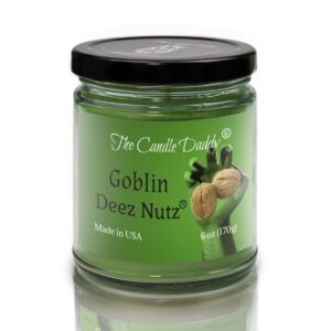 goblin deez nutz - spooky banana bread scented - funny halloween 6 oz jar candle - 40 hour burn time