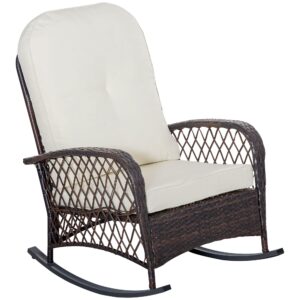 outsunny outdoor wicker rocking chair with wide seat, thickened cushion, rattan rocker with steel frame for patio, garden, backyard, cream white