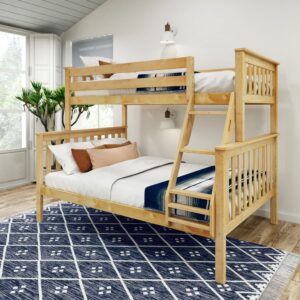 plank+beam classic wooden bunk bed twin over full size, platform bed frame with bunk bed ladder and wood slats for adult, space saving bed, easy to assemble, no box spring needed, natural