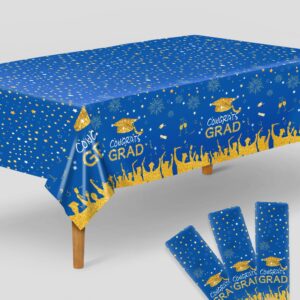 katchon, blue and gold graduation tablecloth - xtralarge 108x54 inch, pack of 3 | congrats grad tablecloth, 2024 graduation party decorations | blue and gold graduation decorations class of 2024