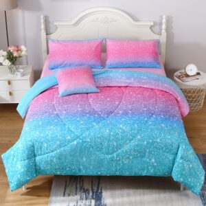 jqinhome glitter comforter set twin size,6 piece bed in a bag 3d colorful duvet pink blue bedding sets for girls kids - (1 comforter,2 pillowcases, 1 flat sheet, 1 fitted sheet, 1 cushion cover)