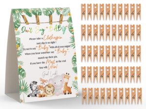 don't say baby sign, baby shower clothespin game, includes a 5x7 standing sign and 50 mini natural clothespins - toctose046