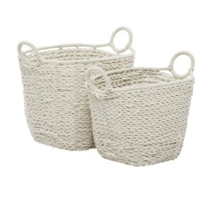 cosmoliving by cosmopolitan cotton fabric handmade decorative and functional storage basket basket organizer with handles, set of 2 basket for storage 16", 18"h, white