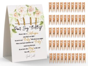 don't say baby sign, baby shower clothespin game, includes a 5x7 standing sign and 50 mini natural clothespins - toctose055