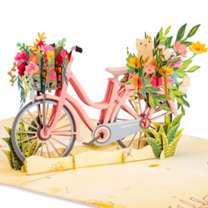 paper love 3d flower bike spring pop up card, gift for birthday, wedding, anniversary, mothers day, thank you, get well, all occasion or just because - 5" x 7" cover - includes envelope and note tag