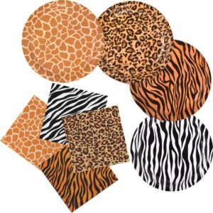 jungle zoo animal print party supplies, disposable jungle safari animal print paper plates and napkins for birthday party, baby shower and jungle safari themed party, serve 48