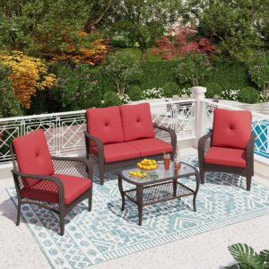 phi villa 4 piece outdoor wicker patio furniture sets clearance, patio wicker conversation sets all weather rattan wicker sofa with cushions for garden lawn deck, brown & red