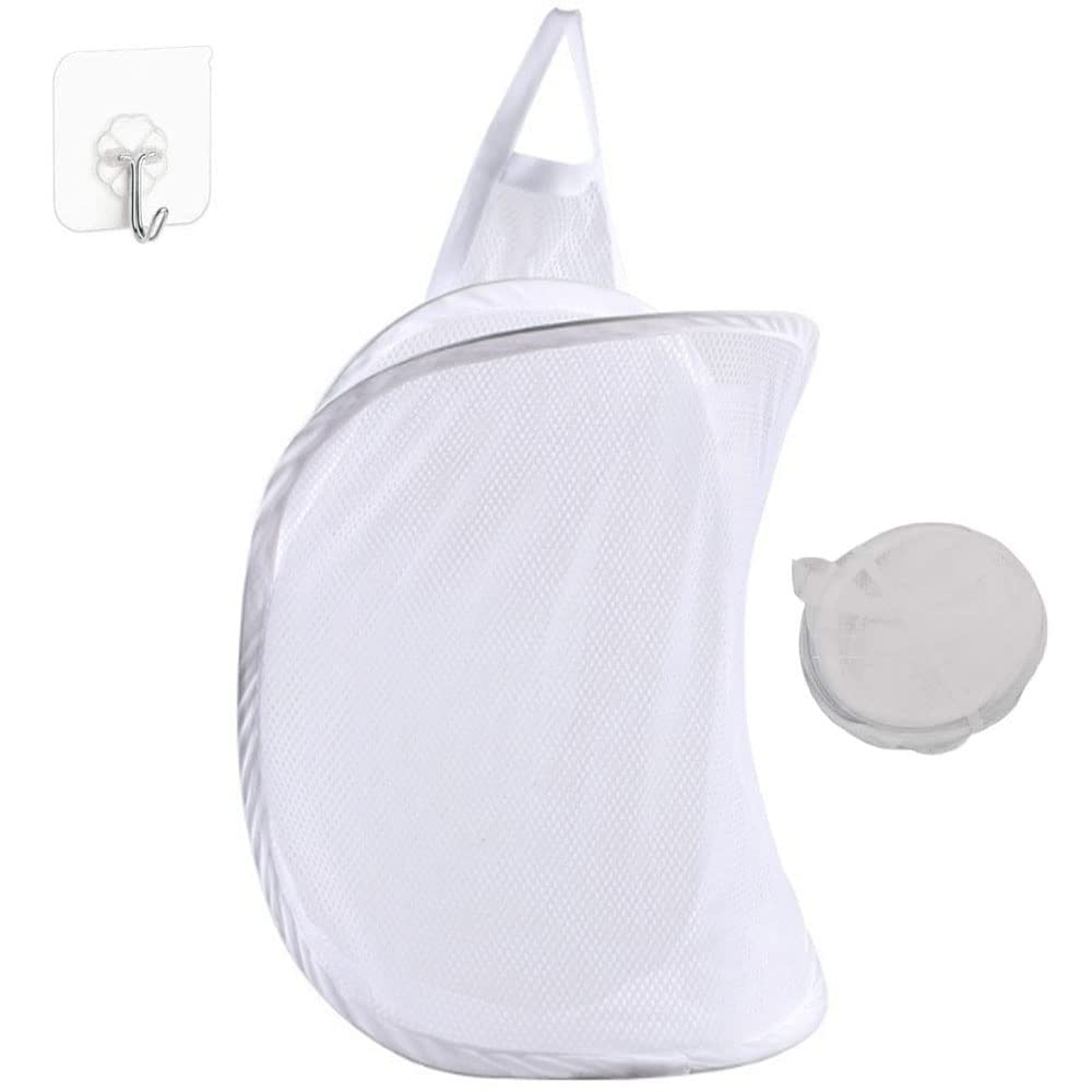 Over The Door Pop Up Mesh Hamper, Qtopun Adjustable Strap Hanging Laundry Hamper Foldable Dirty Cloth Basket With Sticky Hook - White