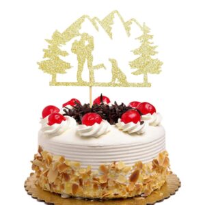 outdoor wedding cake topper bride & groom with dog backpacking wedding party decor mountain trees outdoor themed wedding cake decorations gold glitter