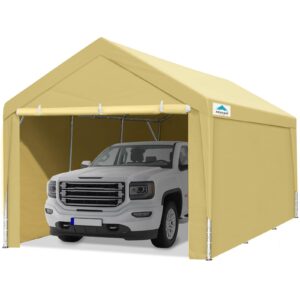 advance outdoor 10x20 ft heavy duty carport with removable sidewalls and doors, adjustable height car canopy garage party tent boat shelter with reinforced poles, beige