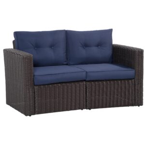 outsunny 2 piece patio wicker corner sofa set, outdoor pe rattan furniture, with curved armrests and padded cushions for balcony, garden, or lawn, lawn, dark blue