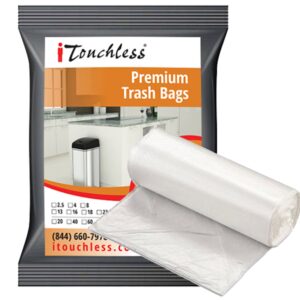 itouchless small / medium trash bags, fits 2 - 6 gallon garbage cans, 50 count, strong bathroom kitchen bin liners, for rubbish recycling compost in the home, office, clear