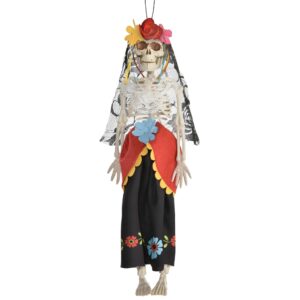 day of the dead hanging skeleton - 12" (1 count) - eye-catching halloween decor premium plastic, perfect for indoor & outdoor use, bride