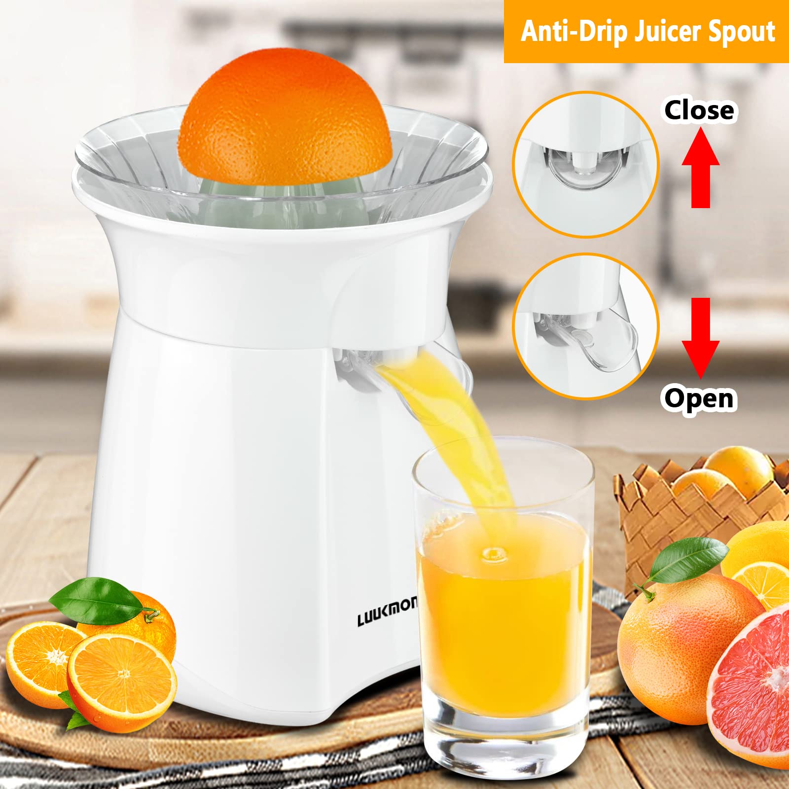 LUUKMONDE Electric Citrus Juicer, Orange Juicer with Lockable Spout, Citrus Press Juice Extractor, Electric Lemon Squeezer Fruit Presses for Orange Lemon Lime Grapefruit, (White)