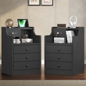 tiptiper black nightstand with charging station 3 drawers, wood sofa end side table with usb ports and outlet, bedside table bedroom nightstand with sliding drawer & hutch