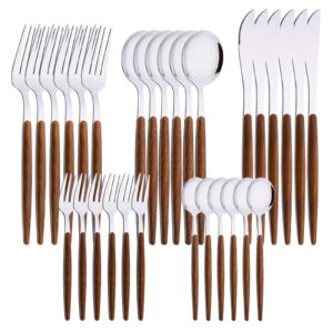 uniturcky 30-piece stainless steel silverware set, silver mirror polished flatware cutlery set for 6, tableware eating utensils set for home restaurant wedding, dishwasher safe (wooden effect handle)