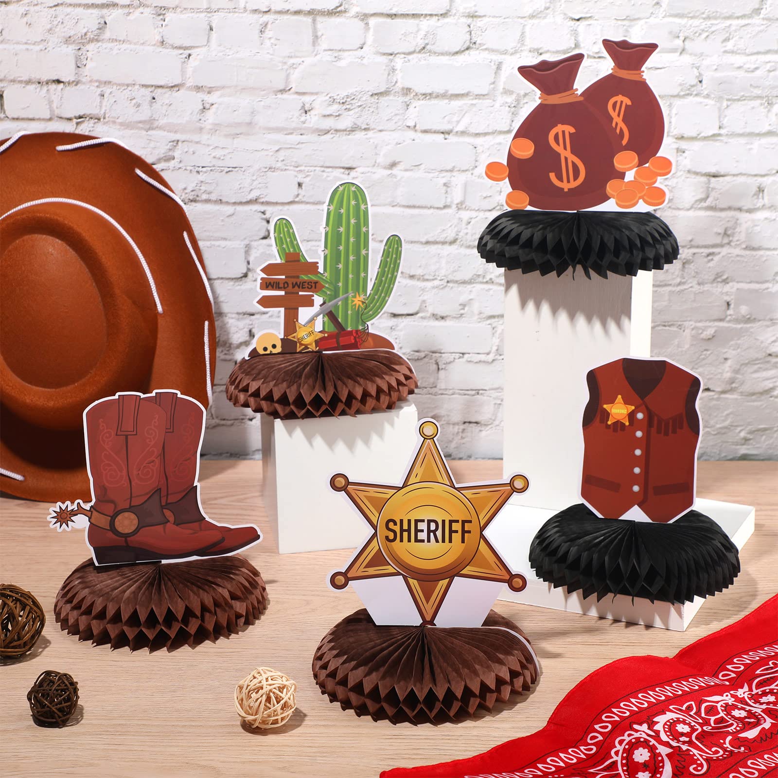 Fainne 12 Pieces Western Cowboy Party Decorations Wild West Honeycomb Centerpieces for Tables Wild West Cowboy Party Decorations Western Party Decorations for Cowboy Birthday Baby Shower Supplies