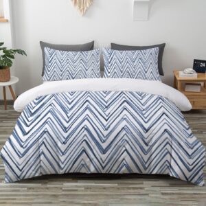 toptree geometric blue duvet cover queen - modern indigo blue chevron bedding set 3 piece blue and white bed set for women adults (queen, blue chevron)