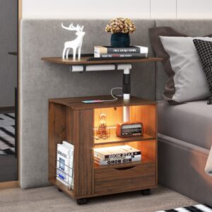 dnbss led nightstand with charger station, swivel top bedside table with wheels, smart night stand with laptop table workstation for bedroom, modern end side table (brown)