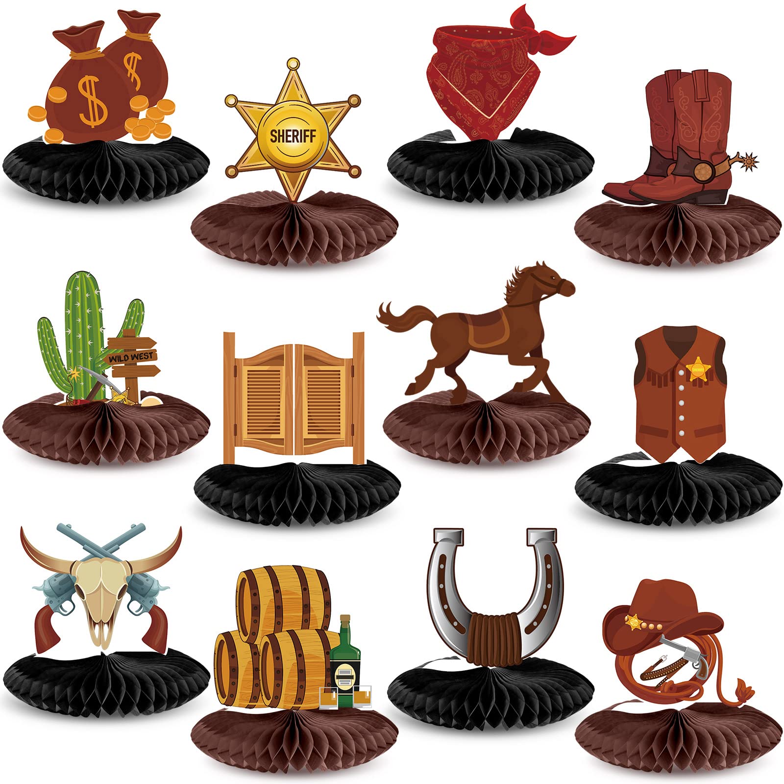 Fainne 12 Pieces Western Cowboy Party Decorations Wild West Honeycomb Centerpieces for Tables Wild West Cowboy Party Decorations Western Party Decorations for Cowboy Birthday Baby Shower Supplies