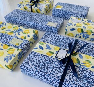 ecoartte fall harvest lemons and moroccan tile wrapping paper set includes: 6 reversible sheets 28”x20”, 6 adhesive gift tags and 3 yards of ribbon. the paper is 100% recyclable, great for weddings & more