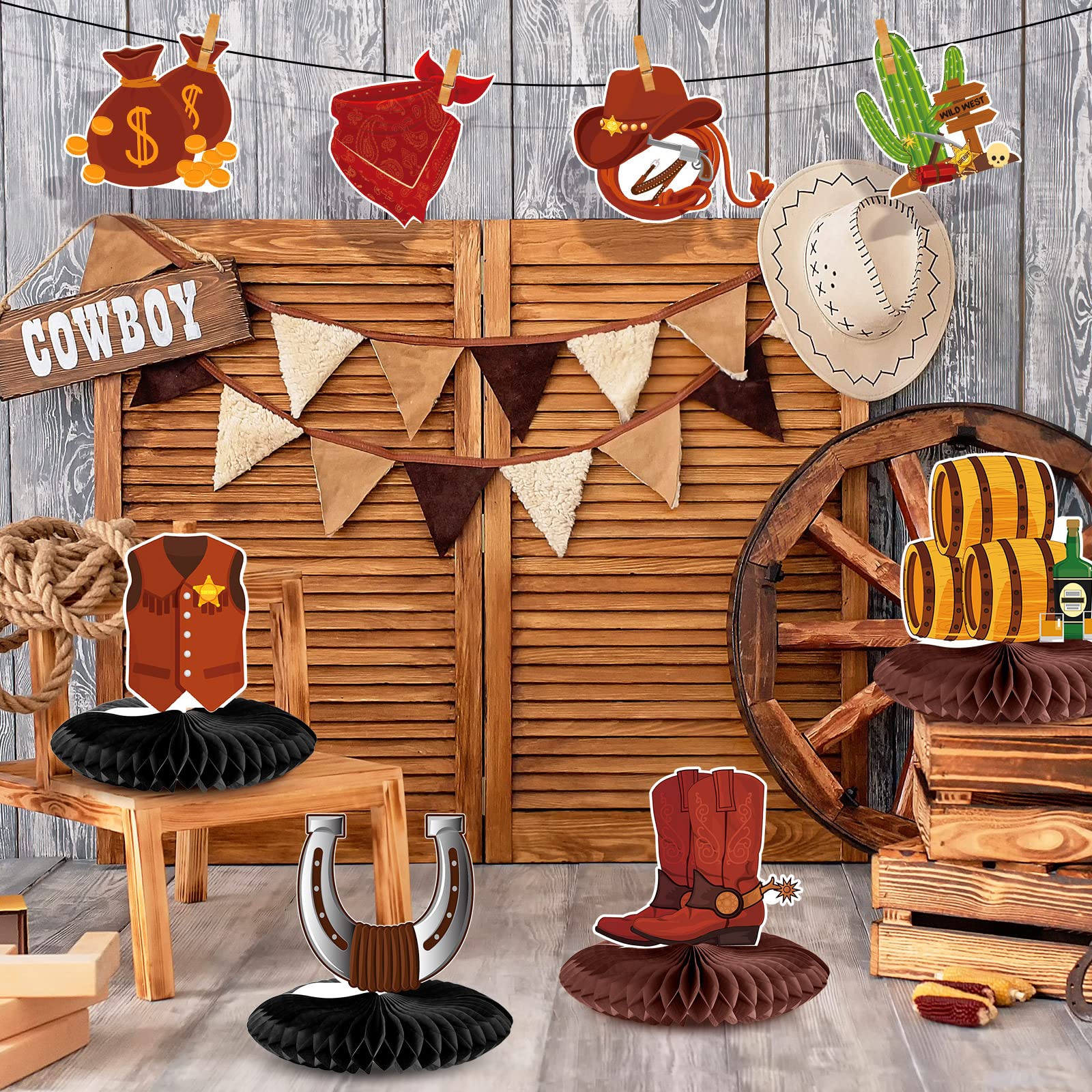 Fainne 12 Pieces Western Cowboy Party Decorations Wild West Honeycomb Centerpieces for Tables Wild West Cowboy Party Decorations Western Party Decorations for Cowboy Birthday Baby Shower Supplies