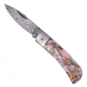 folding pocket knife with damascus blade and artisan-crafted pink peruvian opal stone handle, 3"