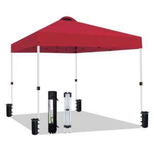 voysign 10x10 pop up canopy tent, outdoor instant sun shelter - red, included 1 x rolling storage wheeled bag, 4 x weights bags, 4 x guylines, 8 x stakes