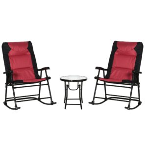 outsunny 3 piece outdoor patio furniture set with glass coffee table & 2 folding padded rocking chairs, bistro style for porch, camping, balcony, red