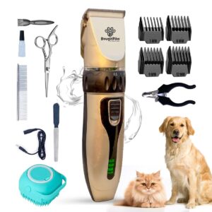 bougiepaw dog grooming kit – low noise cat & dog hair trimmer with pet nail cutter | cordless dog clippers for grooming thick coats with bath brush, & shaver with scissors for dogs cat animal