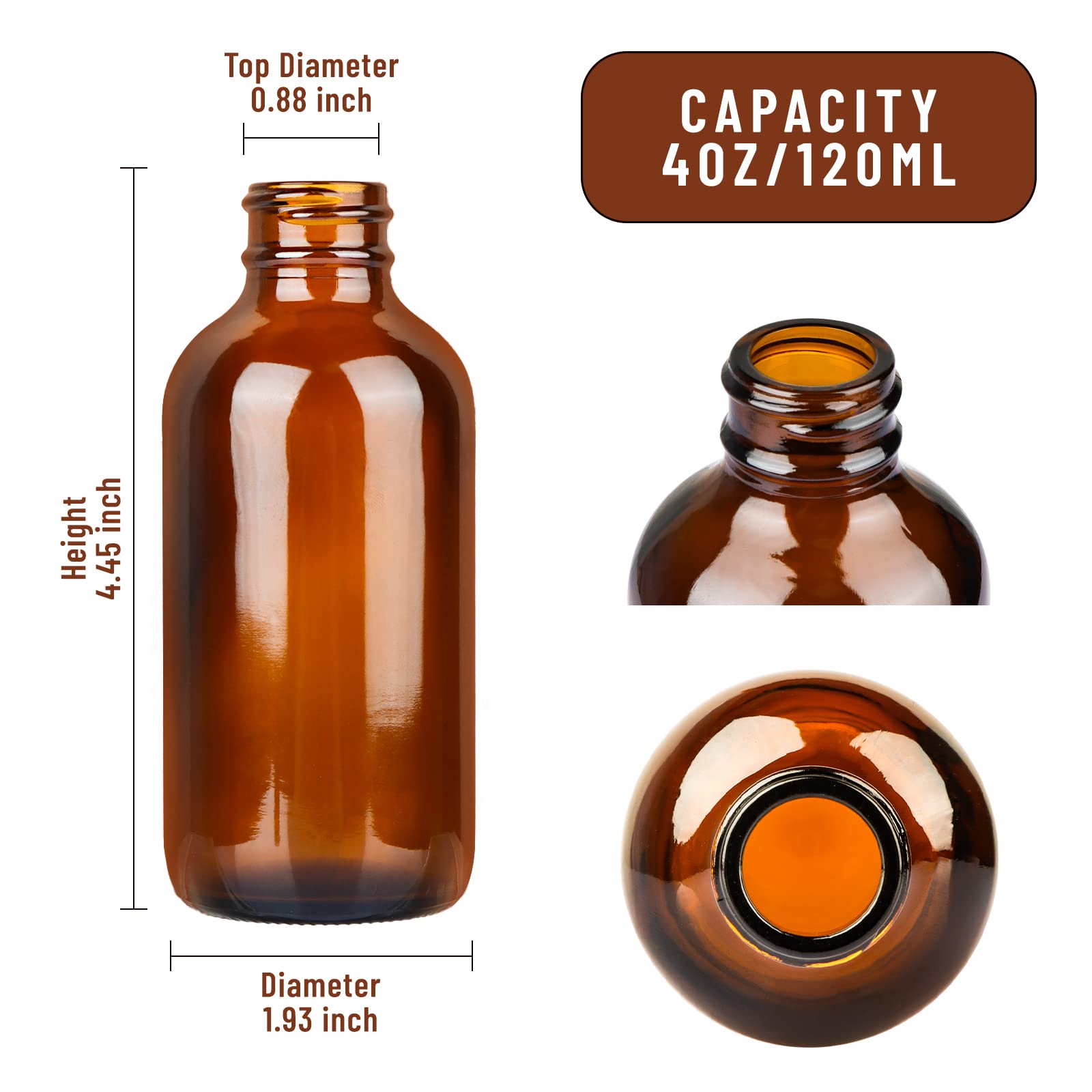 PINIWON 24 Pack 4 oz Amber Glass Bottles, 120ml Boston Round Sample Bottles with Black Poly Cone Caps, Labels, Funnels and Brush