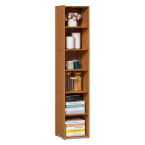 monibloom tall slim narrow bookcase bamboo 6 tier free standing tall bookshelf display storage shelves collection décor furniture for home living room study room, brown