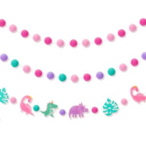 kingdder 3 pcs pink dinosaur banner party decoration for girls pink pom pom birthday garland felt ball banner dinosaur theme holiday hanging garlands for baby shower nursery photo prop party supplies