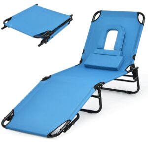 gotoplay folding beach lounge chair w/ 5 adjutable backrest & padded pillow, sunbathing lounger chair, sun tanning lay flat chair for seaside pool deck, max load 330 lbs, no assembly required (blue)