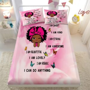 black girl magic bedding sets queen size african american girl fitted sheet set cute little afro black princess bed sheet set for girl bedroom room decor (1 fitted sheet + 2 pillowcases) pink