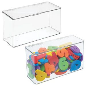 mdesign plastic stackable playroom/gaming storage organizer bin box with hinged lid for drawer or cabinet - organize electronics, crayons, games, blocks, toys, lumiere collection - 2 pack - clear