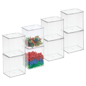 mdesign plastic playroom and gaming storage organizer box containers with hinged lid for shelves or cubbies, holds small toys, building blocks, puzzles, markers, controllers, or crayons, 8 pack, clear