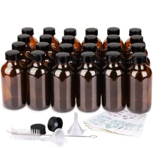 piniwon 24 pack 4 oz amber glass bottles, 120ml boston round sample bottles with black poly cone caps, labels, funnels and brush