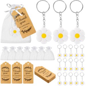 24 sets daisy party favors, daisy keychain, organza bags thank kraft tags white and yellow flower keychain daisy themed party supplies for birthday bridal wedding baby shower return gifts