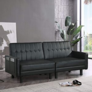 vuyuyu futon sofa couch bed, faux leather loveseat couches for living room, mid-century modern tufted convertible love seats recliner sleeper sofa for small space with armrest/side pockets