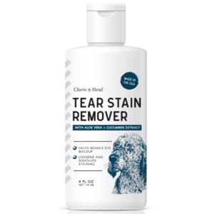 tear stain remover for dogs - 4 oz solution - dissolves eye buildup and gunk, reduces staining - water based with aloe vera and cucumber extract - chew + heal