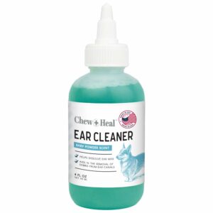 chew + heal dog ear cleaner solution - 4 oz dropper - pet ear wash drops for preventing infection and removing debris - soothing aloe, witch hazel, and tea tree oil