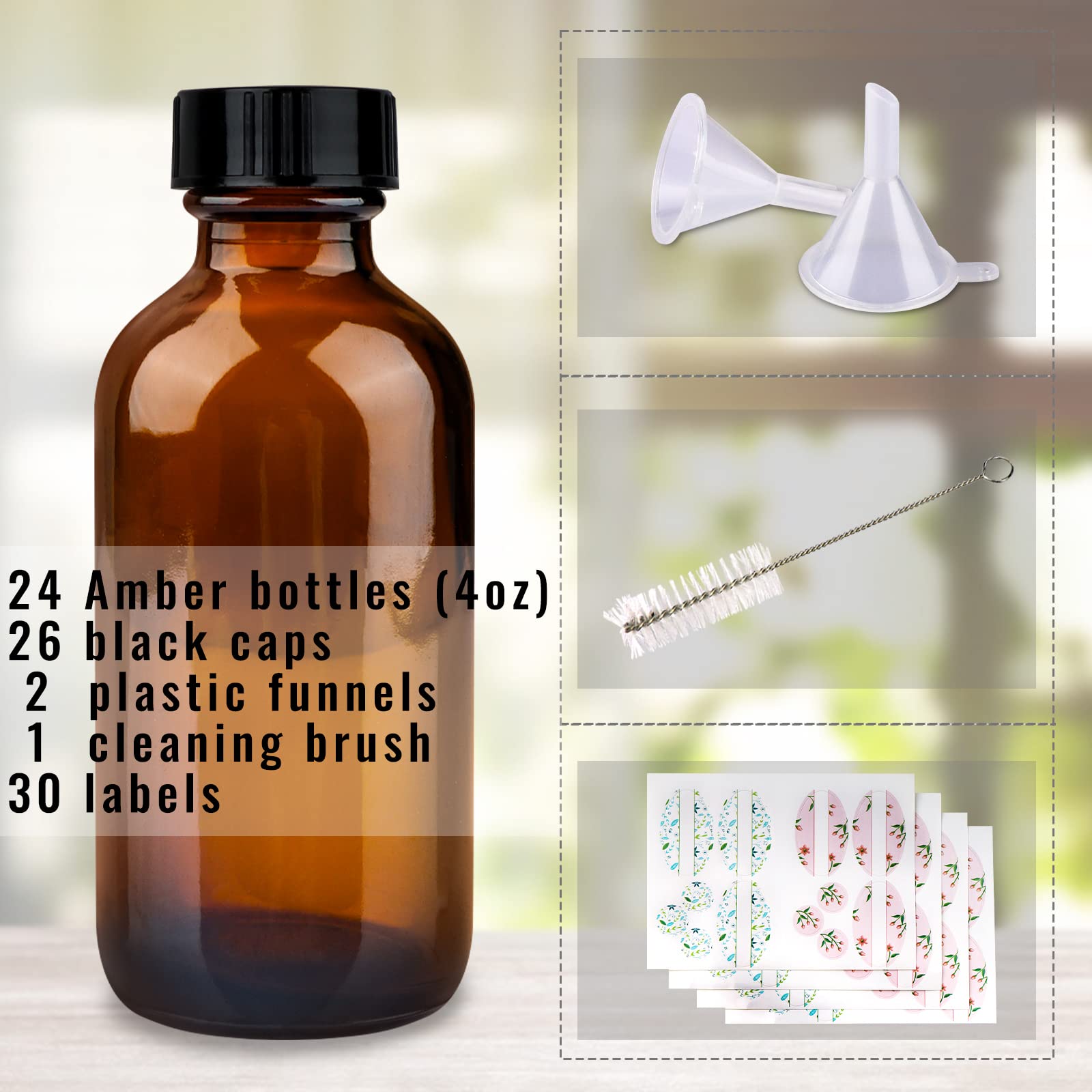 PINIWON 24 Pack 4 oz Amber Glass Bottles, 120ml Boston Round Sample Bottles with Black Poly Cone Caps, Labels, Funnels and Brush