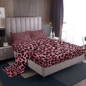 pink leopard print sheet set twin,cheetah bedding set for kids teens girls,wild animal skin texture romantic fashion bed sheet set 3pcs with deep pocket fitted sheet + flat sheet + 1 pillowcase