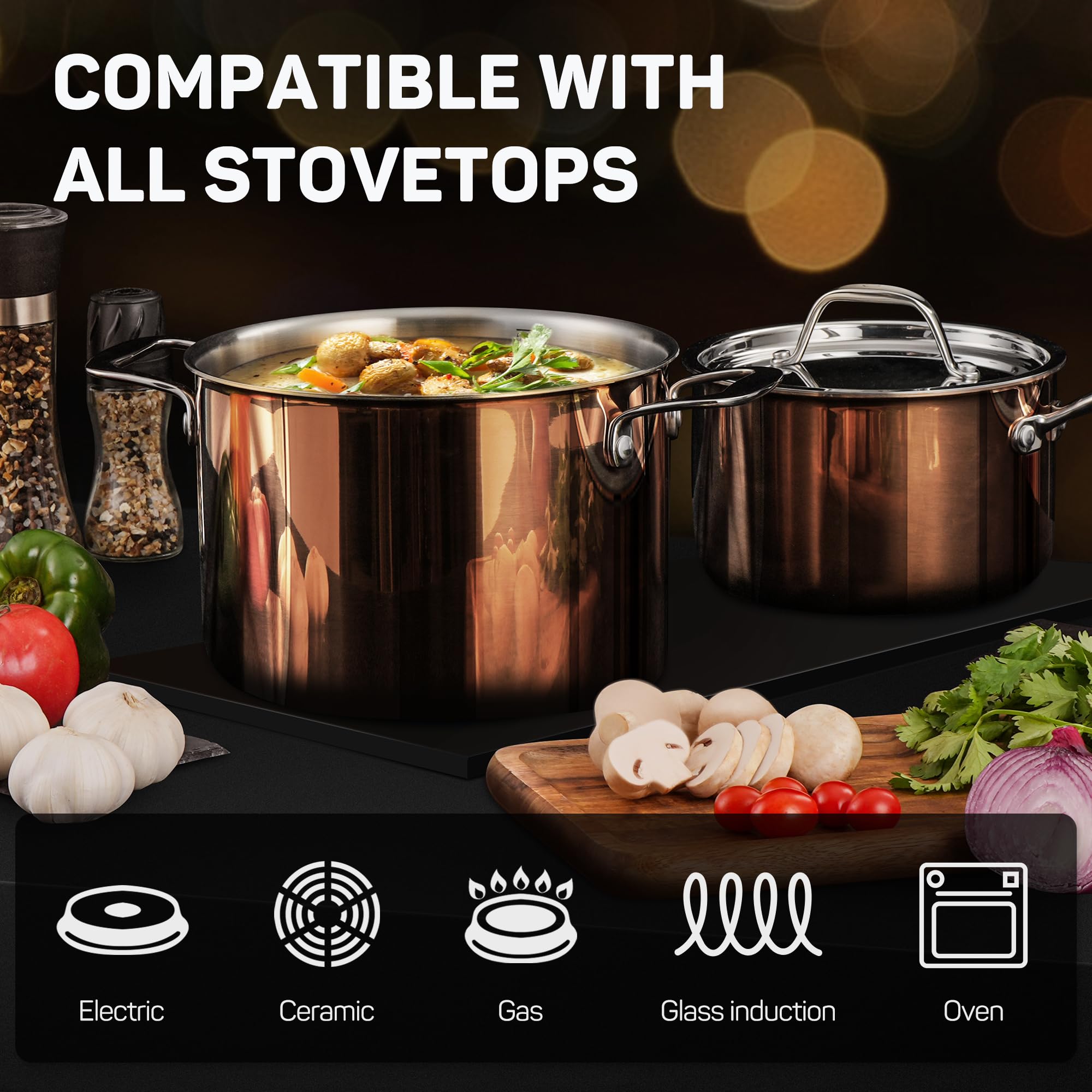 Ciwete Whole Tri-ply 18/10 Stainless Steel Pot and Pan Set (10 Piece), Copper Pots and Pans Set with Stainless Steel Lid, Induction Cookware Set, Include Stock Pot, Saucepan, Frying Pan - Copper