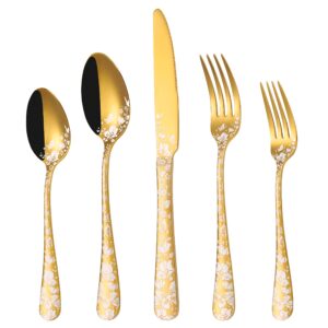 20-piece gold silverware set for 4, stapava stainless steel gold flatware cutlery set, unique tableware utensil sets include forks spoons and knives set, mirror polished, dishwasher safe