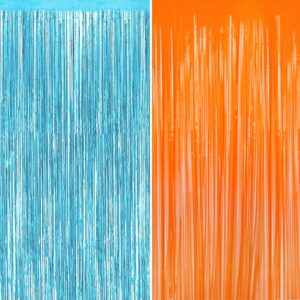 mikimiqi 2 pack blue orange foil metallic fringe curtains for party decorations blue orange curtain backdrop streamer for birthday party dart war party supplies party decors, 3.25ft x 6.5ft x 2pcs