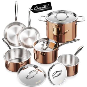 ciwete whole tri-ply 18/10 stainless steel pot and pan set (10 piece), copper pots and pans set with stainless steel lid, induction cookware set, include stock pot, saucepan, frying pan - copper